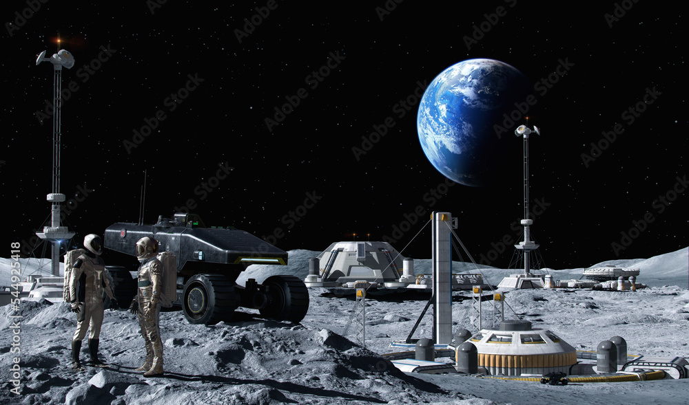 Moon outpost colony, lunar surface with astronauts, rover, living ...