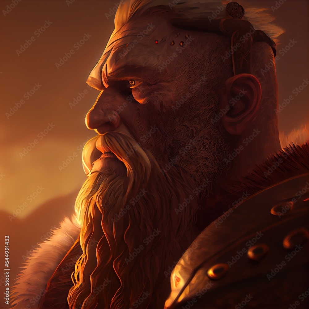 Portrait of medieval dwarf viking warrior chief in the sunrise light ...
