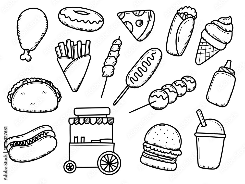 Set of street foods doodle illustration isolated on white background ...