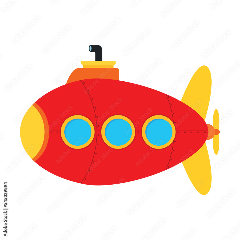 Red Submarine Sea Transportation Vector in Animated Cartoon ...