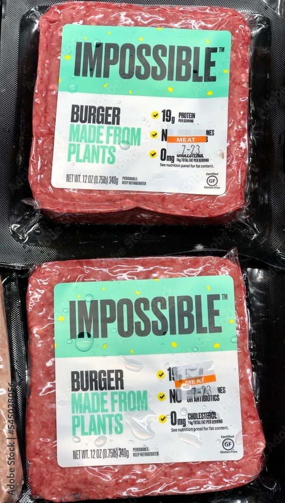 Spokane, WA/USA - July 2020: Impossible burgers are on display at a ...