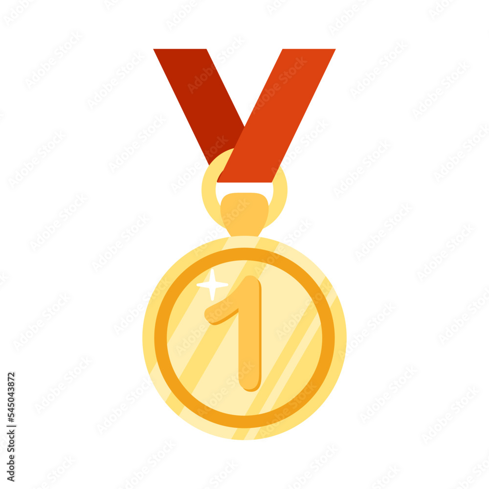 Gold round medal with number and red ribbon illustration. Golden sports ...