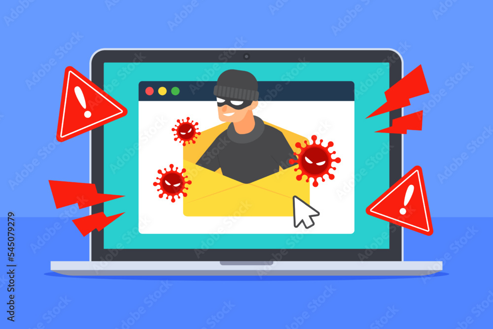 Infected email with hacker and viruses. System warning alert of ...