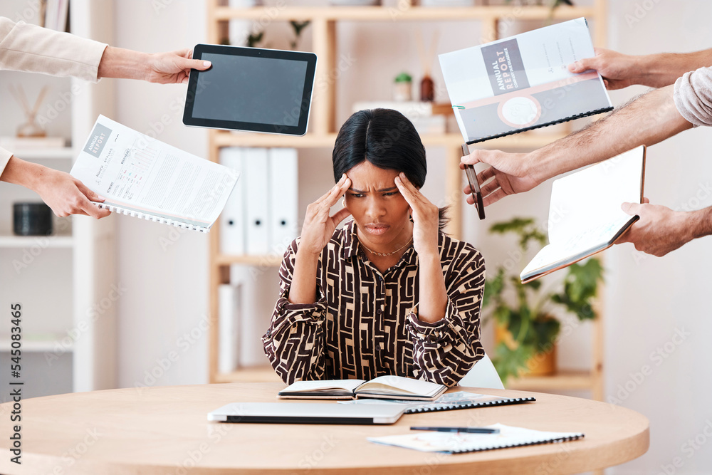 Stress, burnout and multitask with hands and a black woman in business ...