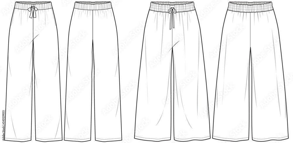 wide leg elastic waist drawstring pant flat sketch vector illustration ...