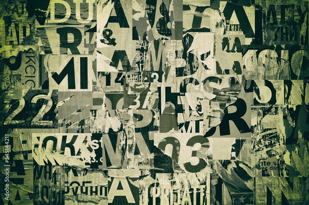 Collage of many numbers and letters ripped torn advertisement street ...