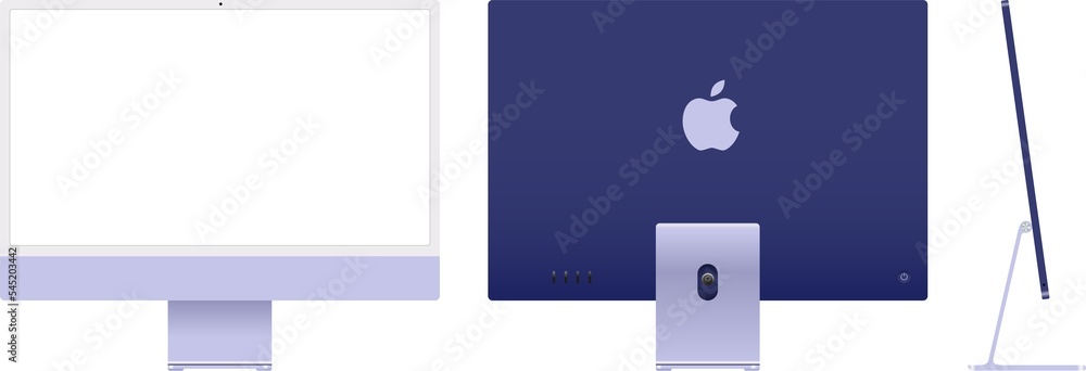Realistic mockups of the new iMac 24 with transparent screen, violet ...