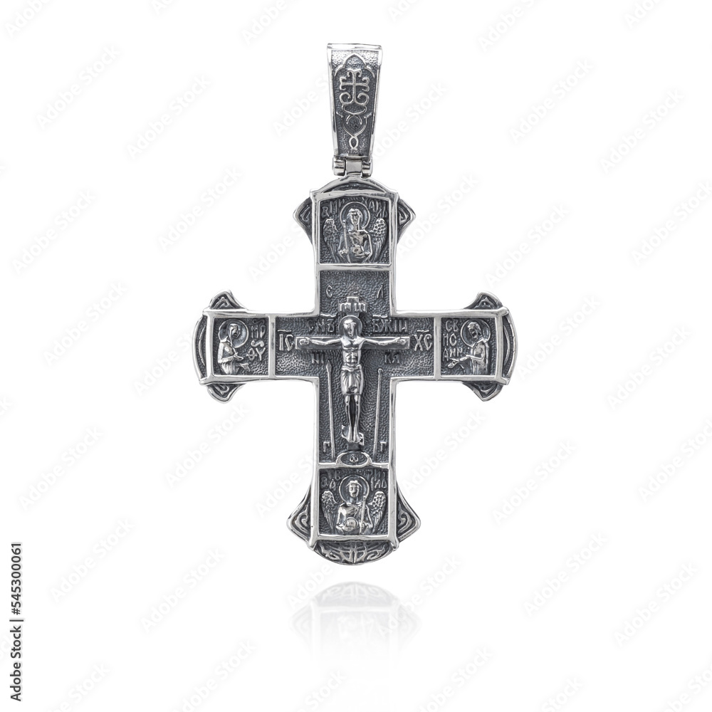 Antique christian crucifix cross from silver isolated on white ...