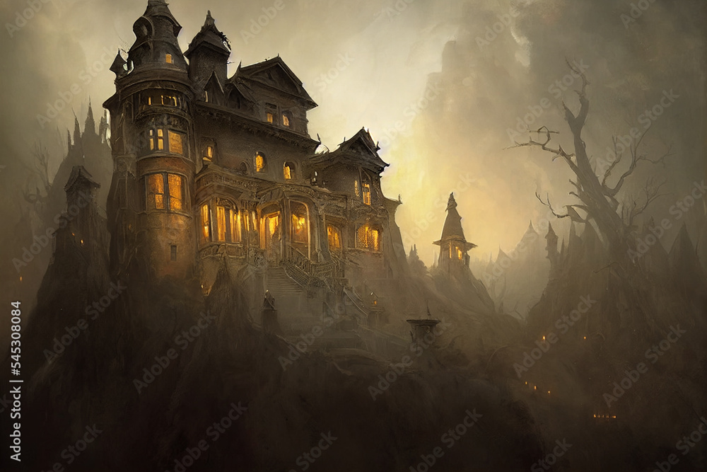 Haunted House on top of a hill, Fantasy, Chiaroscuro, Hyper detailed ...
