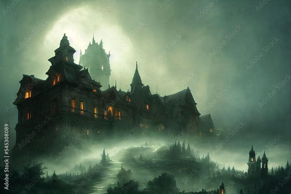 Haunted House on top of a hill, Fantasy, Chiaroscuro, Hyper detailed ...
