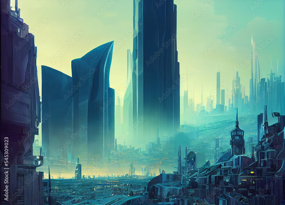 Futuristic city of giant skyscrapers, storybook illustration, sharp ...