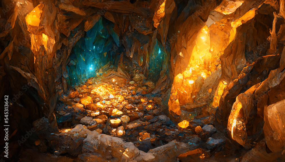 Fantasy setting gold mine tunnel with glittering gold, colorful jewels, and other minerals ...