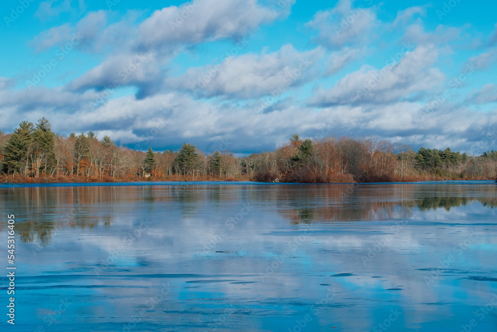 Winter scenery of Leach pond in Borderland state park Easton MA USA ...