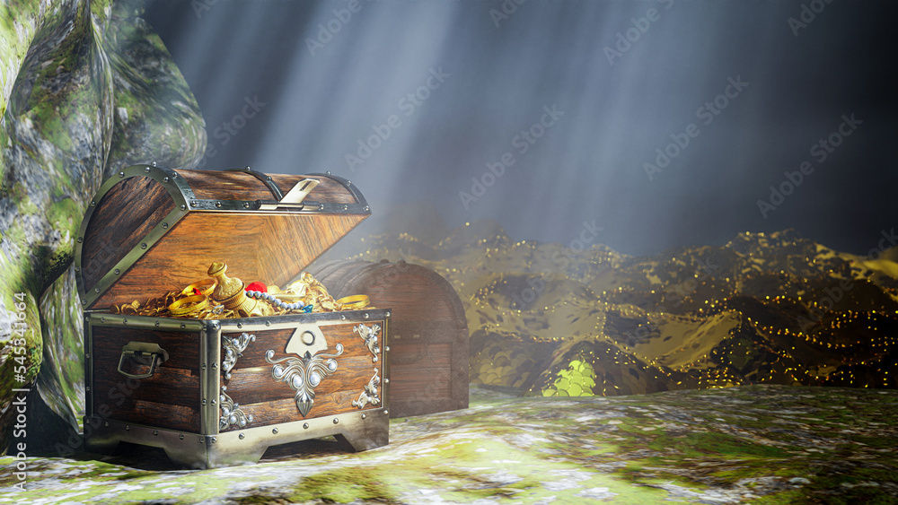 ancient treasures made of gold Packed in a retro treasure chest ...