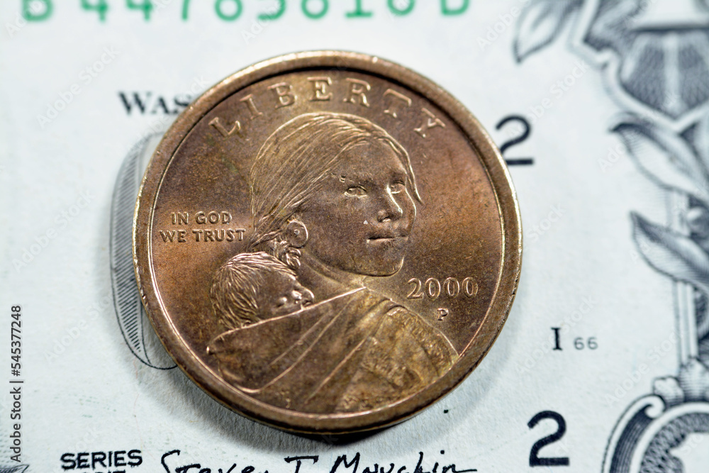 The golden Sacagawea dollar series 2000, American 1 $ one dollar coin ...