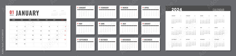 2023-2024 calendar planner template set. Vector simple grid layout for ...