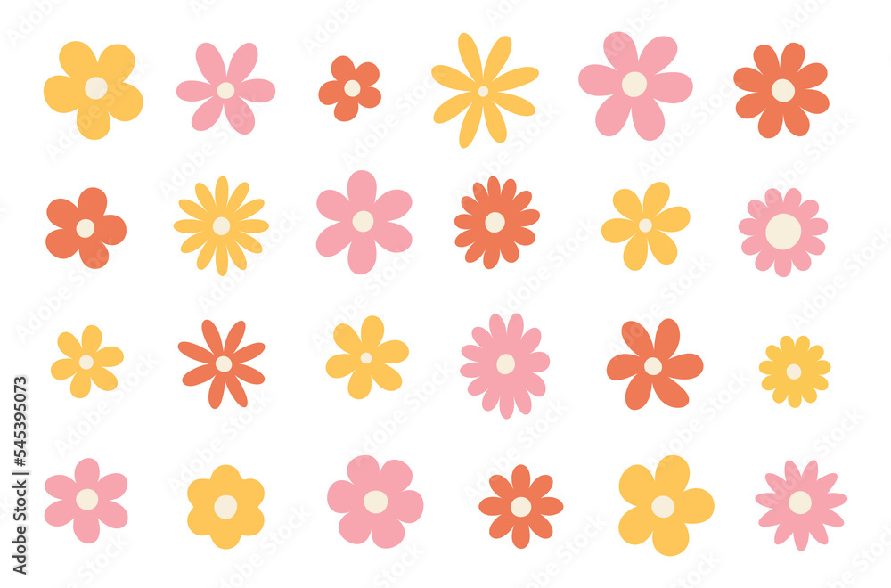 Hippy groovy daisy flowers set. Retro vintage style, hand drawn ...