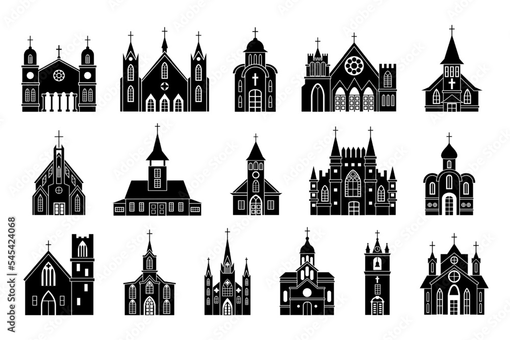 Church icons, chapel buildings silhouettes. Simple city exteriors ...