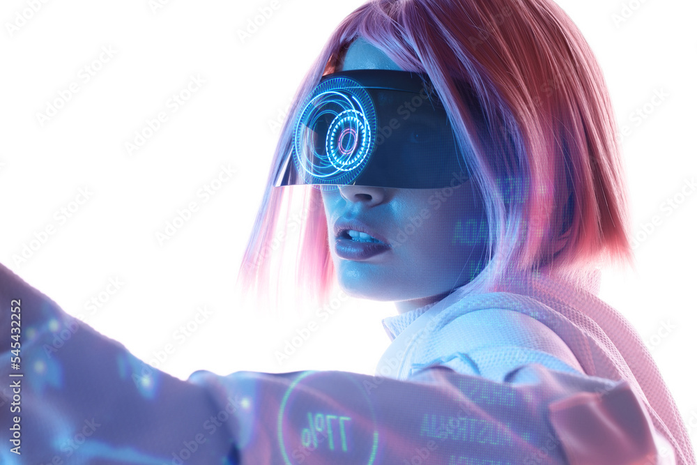 Foto de Stock Woman in futuristic costume. Female in modern VR glasses interacting with network ...