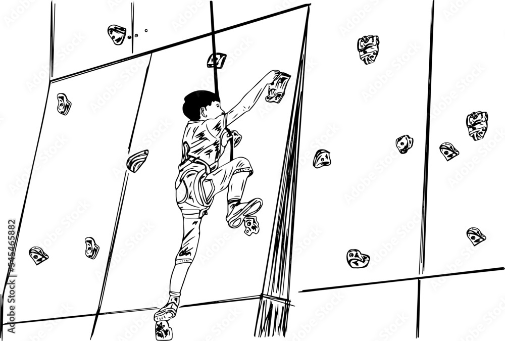 A little boy climbing a rock wall indoor sketch drawing, wall climbing ...