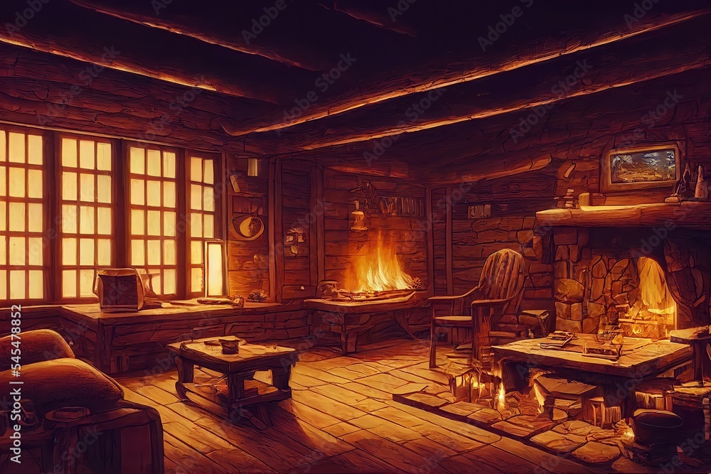 Cozy Log Cabin Living Room Interior. (Digital Illustration in the Style ...