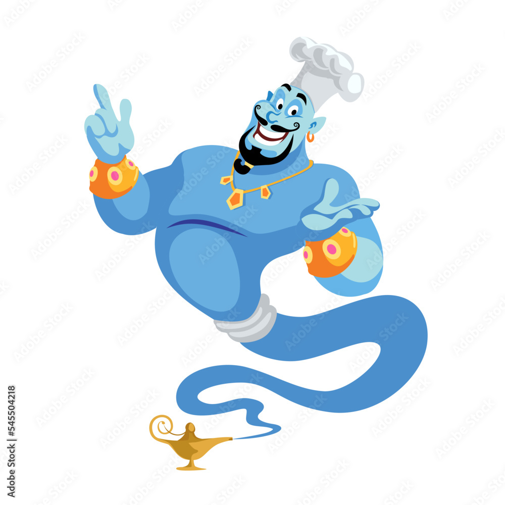 Happy smiling chief genie from the magic lamp. Traditional persian tale ...