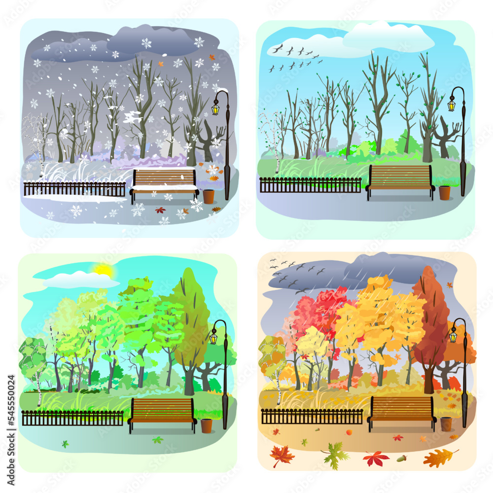 Four seasons, winter, spring, summer, autumn. Migratory birds ...