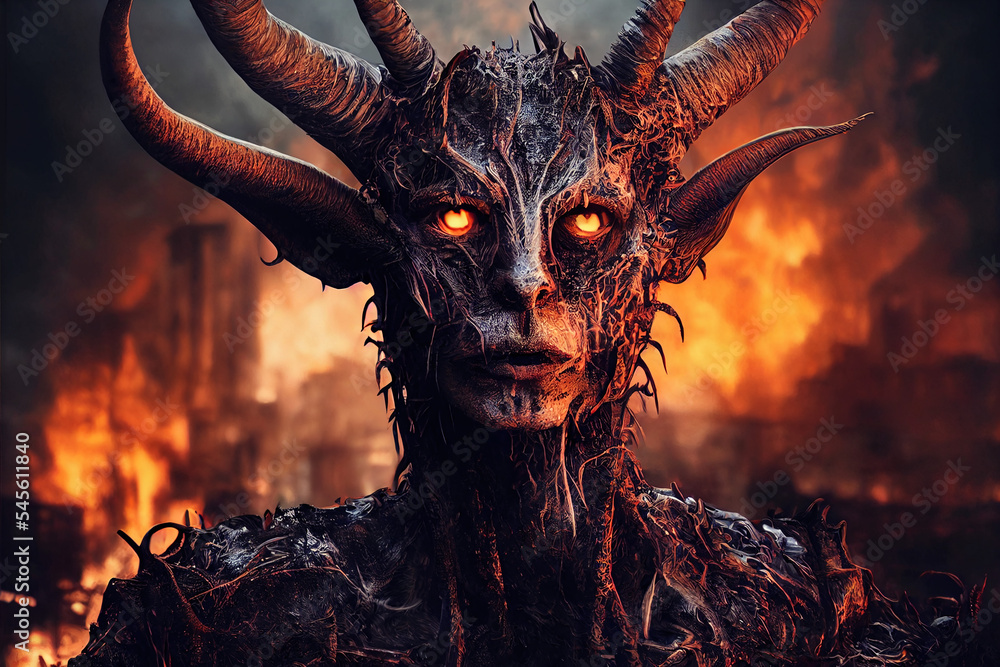 Scary demon in a destroyed city with fire. Generative AI Stock ...