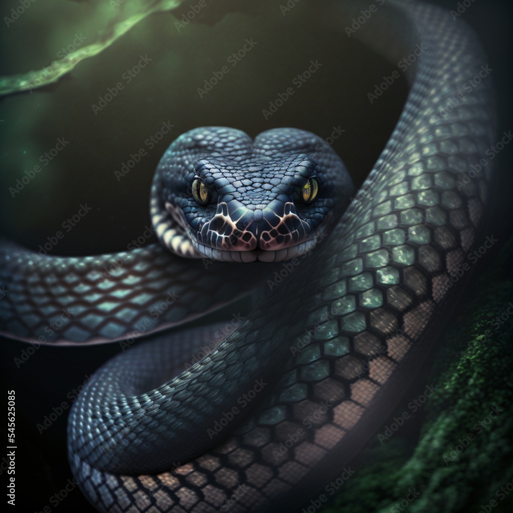 snake looks frontal into the camera, gloomy, head, scale, grim ...