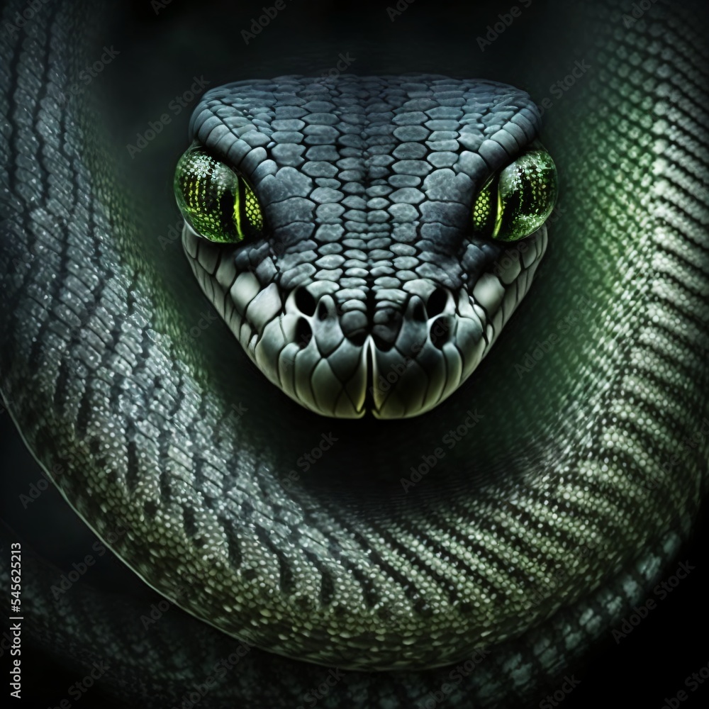green snake looks frontal into the camera, gloomy, head, scale, grim ...