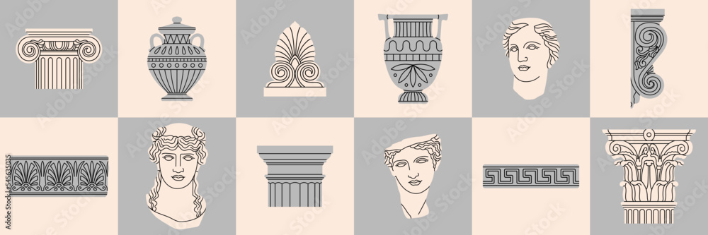 Posters set with classical architectural details, sculptures and ...