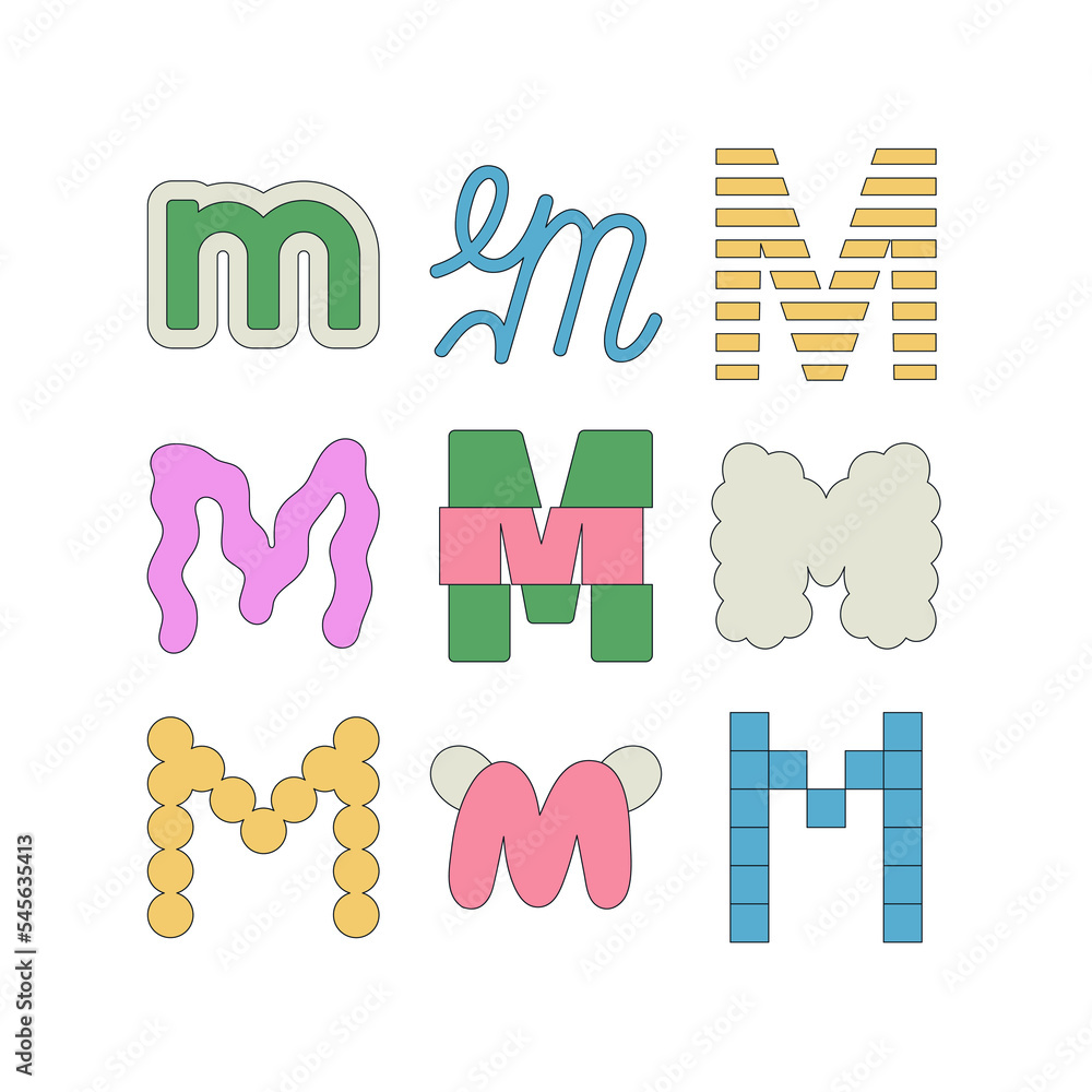 Set with letter M in different styles. Funny cartoon hand drawn style ...