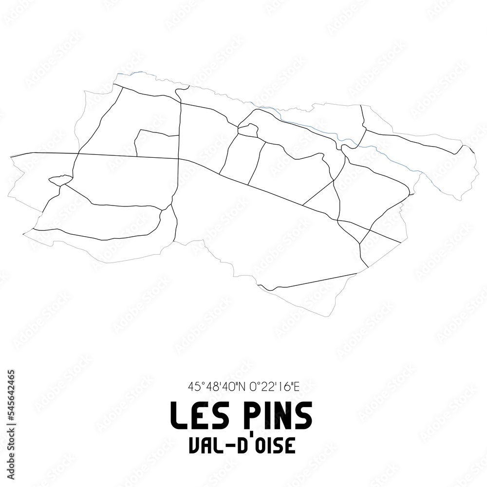 LES PINS Val-d'Oise. Minimalistic street map with black and white lines ...