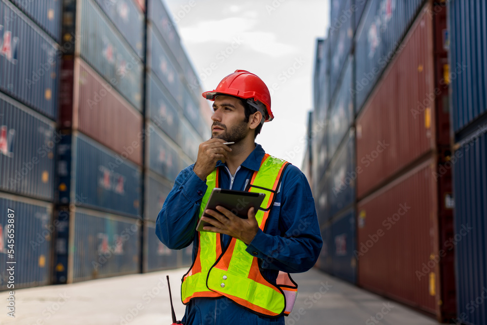 Foreman man working checking at Container cargo harbor to loading ...