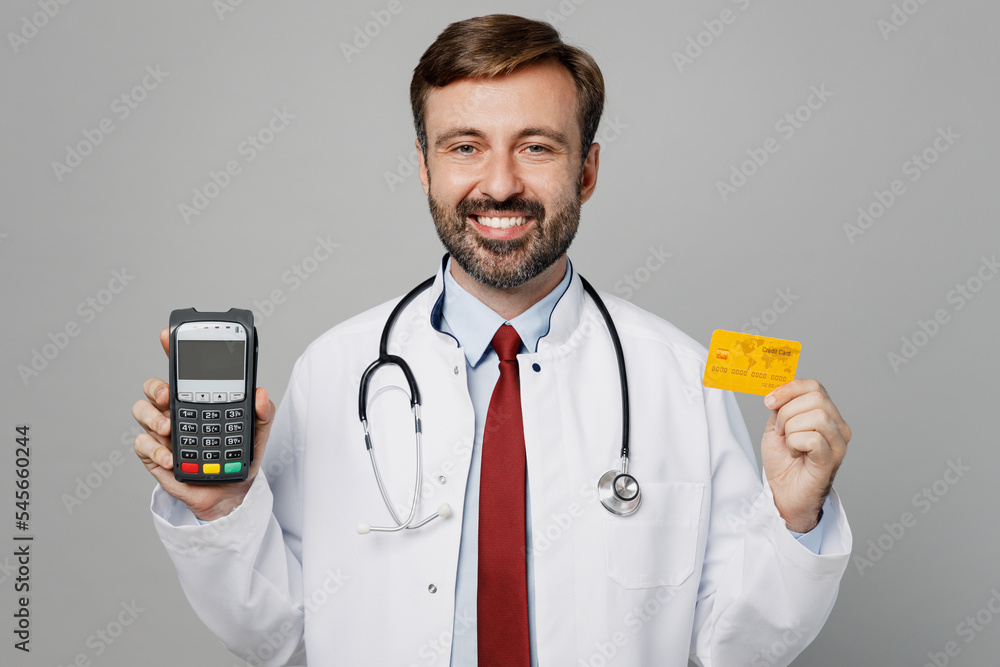 Male doctor man wears white medical gown suit stethoscope work in ...