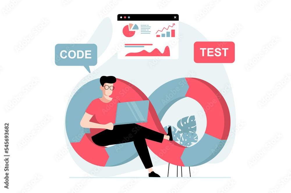 DevOps concept with people scene in flat design. Man programmer coding and creating software ...