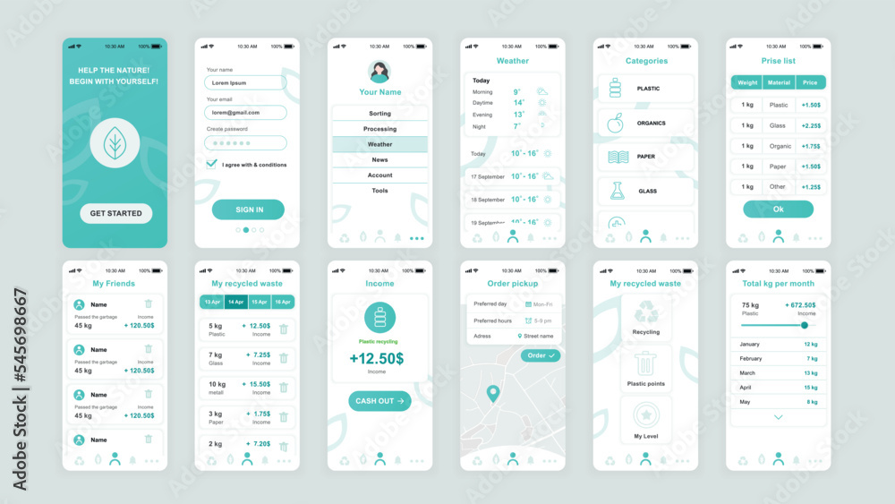 Set of UI, UX, GUI screens Ecology app flat design template for mobile ...