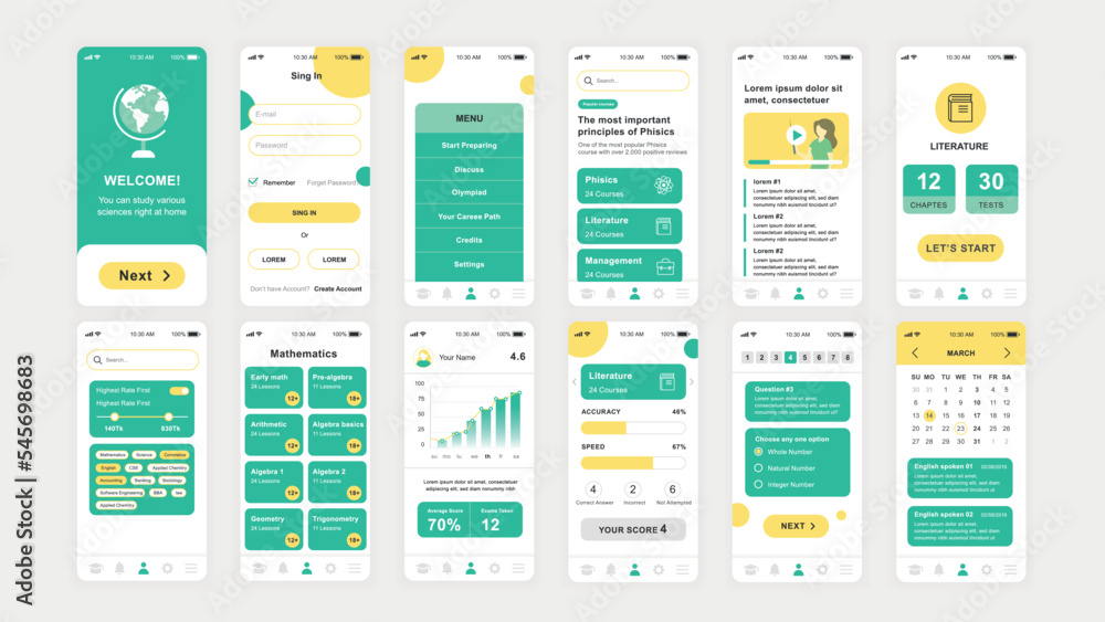 Vector de Stock Set of UI, UX, GUI screens Education app flat design ...