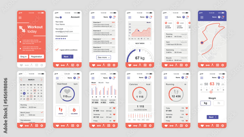 Set of UI, UX, GUI screens Fitness app flat design template for mobile ...