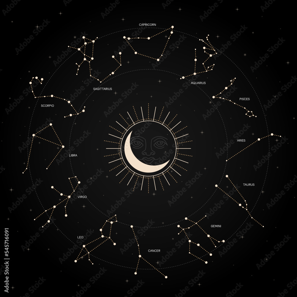 Zodiac horoscope stars constellation space symbol, mystic astrology ...