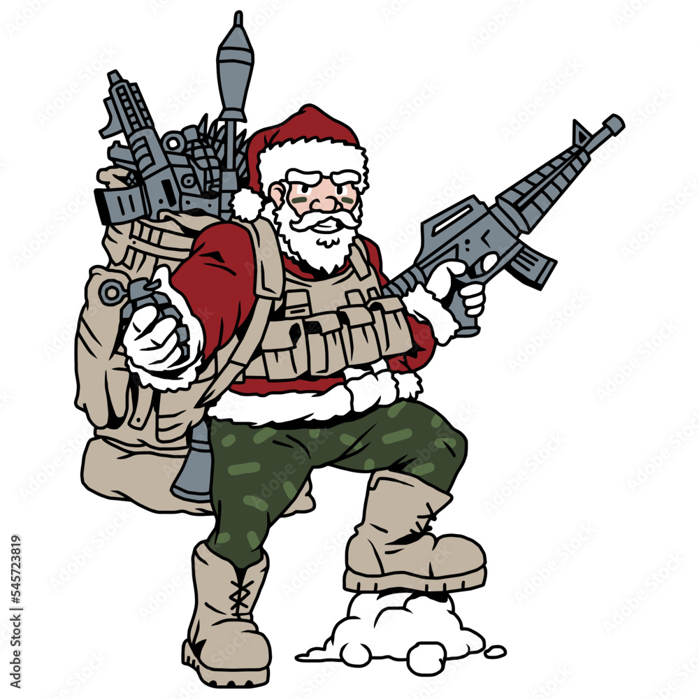 military Santa Claus with machine gun and grenade in his hands, vector ...