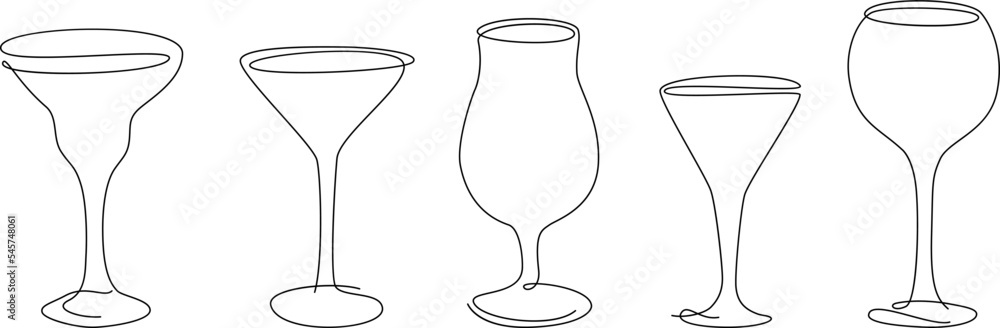 Simple one line cocktail glasses. Continuous lines wine, martini ...