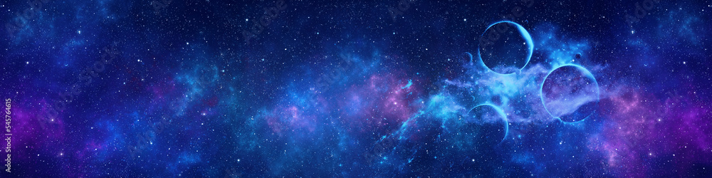 Nebula, stars and planets in night sky web banner. Space background ...