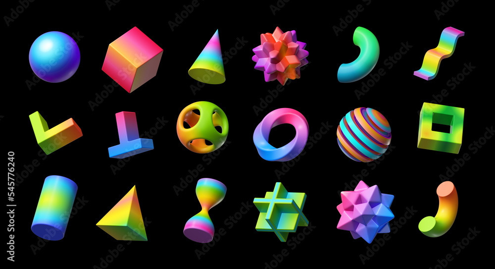 3d render. Collection of assorted geometric shapes. Set of different ...