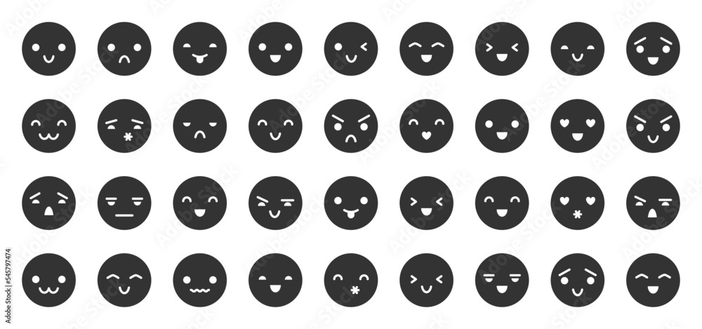 Emoji faces black glyph icon set. Flat funny emoticon circle avatar ...