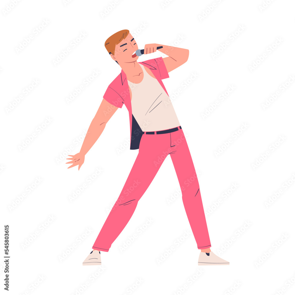 Male singer performing with microphone. Emotional guy singing song ...