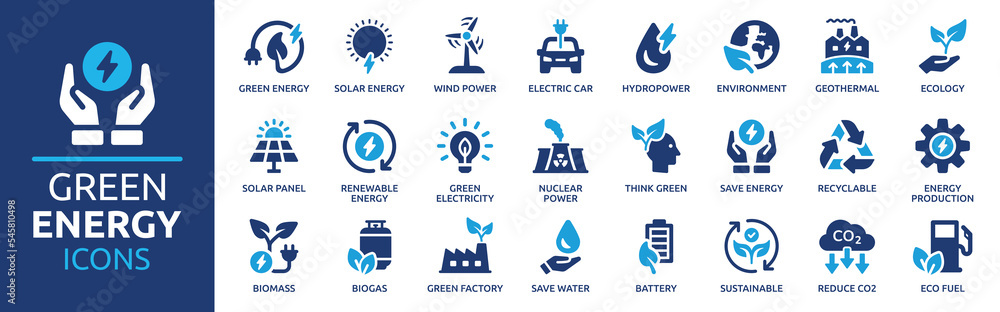 Green energy icon set. Collection of renewable energy, ecology and ...