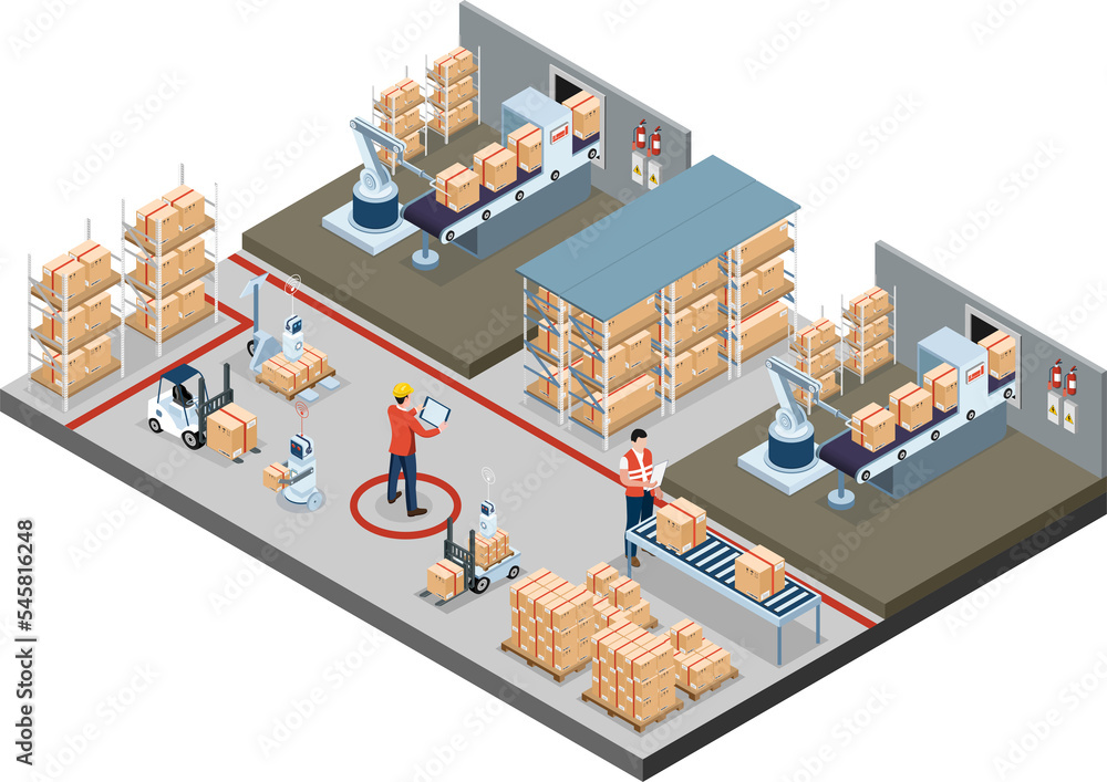 Ilustración de Stock 3D isometric automated warehouse robots and Smart ...