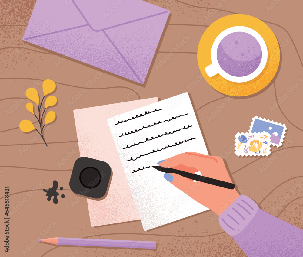 Writing paper letter. Character sits at table and writes text with ...