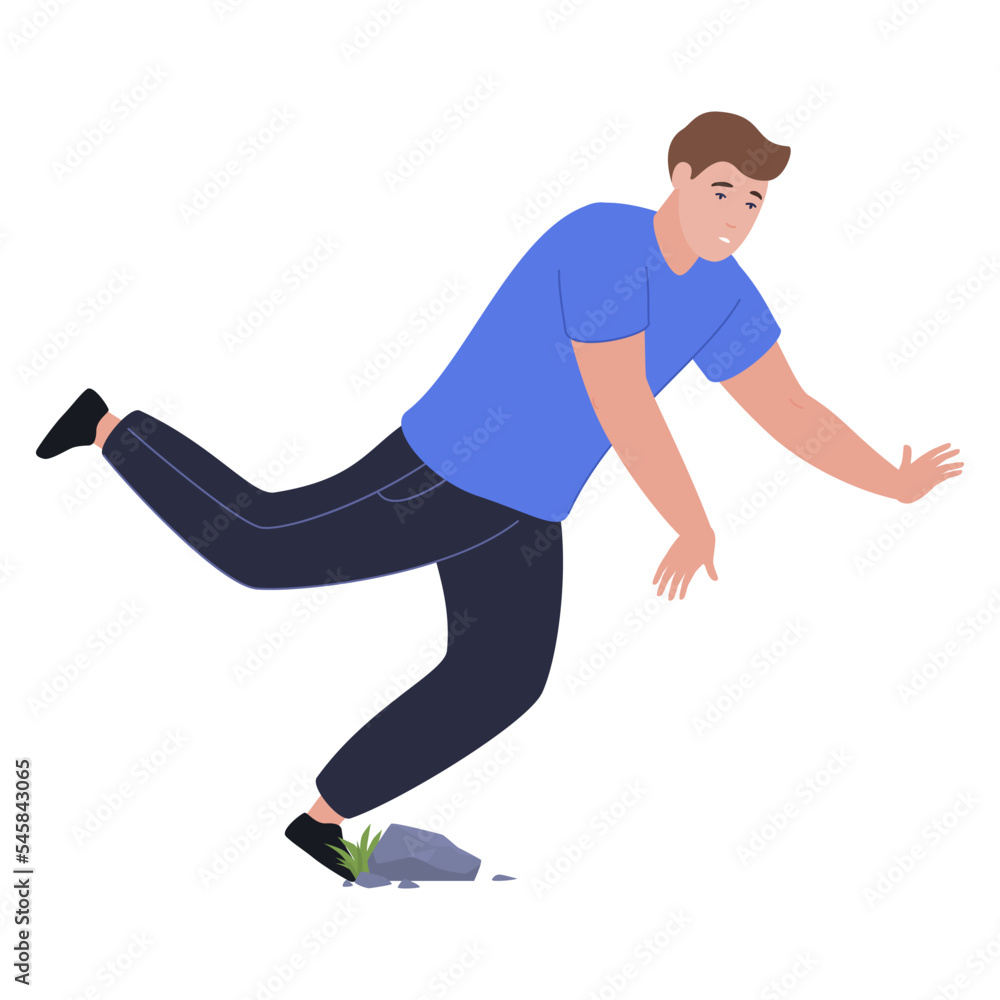 Falling down man tripped on stone vector flat illustration. Male ...